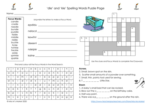 'dle' & 'kle' Spelling Puzzle Page | Teaching Resources