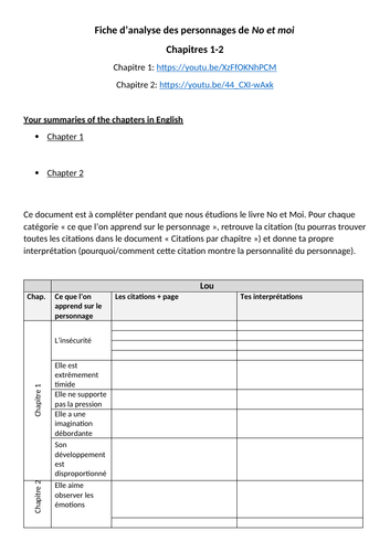 No et Moi chapitre 1 et 2 | Teaching Resources