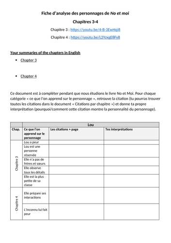 No et moi Chapitres 3-4 | Teaching Resources