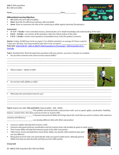 IGCSE PE (spec 2018) 8.1. Skill & Ability | Teaching Resources