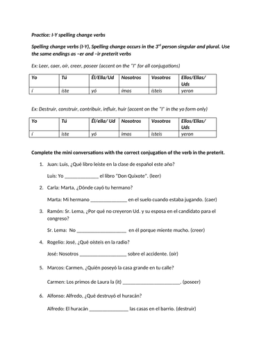 I-Y preterit conversation worksheet | Teaching Resources