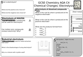 Electrolysis revision sheet - AQA Chemistry Chemical Changes | Teaching ...