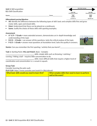 IGCSE PE (spec 2018) 8.3. Skill Classification | Teaching Resources