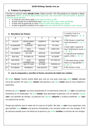 GCSE Spanish Donde vivo yo: House & Home Scaffolded Writing Worksheet ...
