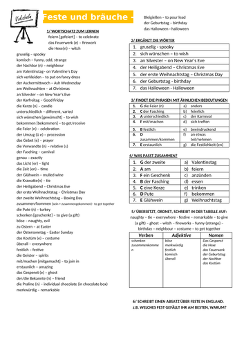German GCSE Customs and Festivals Vocab Worksheet | Teaching Resources
