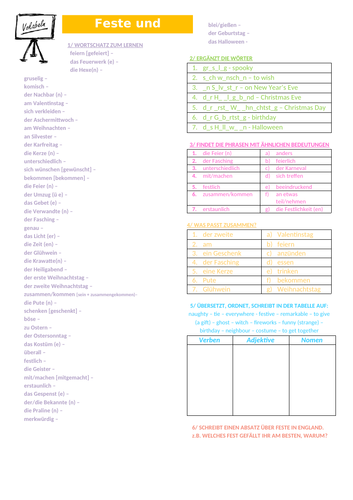 German GCSE Customs and Festivals Vocab Worksheet | Teaching Resources