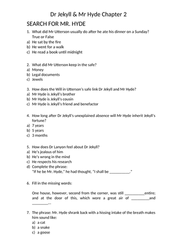 DrJekyll & Mr Hyde Chapter 2 Quiz KS4 GCSE English Literature ...