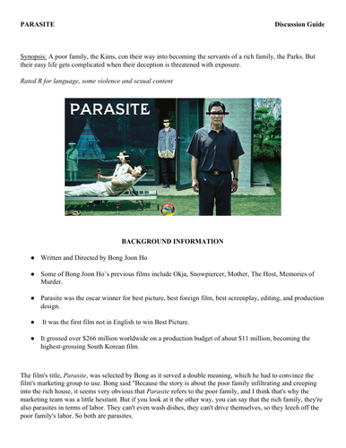Parasite - Movie Discussion Guide | Teaching Resources Parasite - Movie Discussion Guide | Teaching Resources