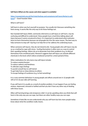 Self Harm - PSHE | Teaching Resources
