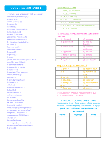 GCSE French 'Free Time' Vocabulary Worksheet | Teaching Resources