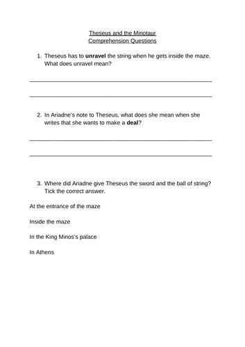 Theseus and the Minotaur Comprehension Qs | Teaching Resources