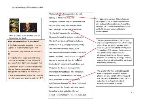My Last Duchess by Robert Browning for EAL students | Teaching Resources