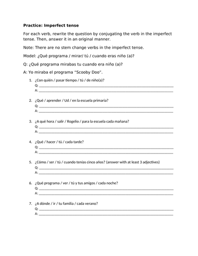 Imperfect tense questions | Teaching Resources