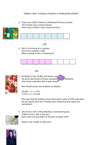 Bar Modelling: Fractions of amounts and Finding the whole from a given ...