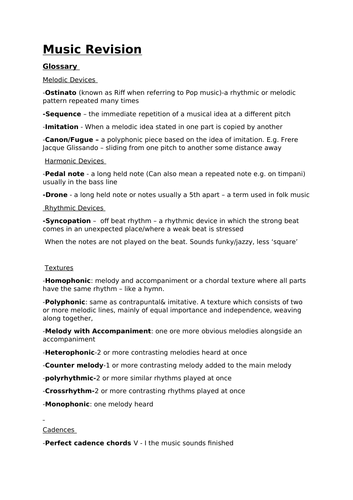 edexcel Music Gcse theory revision guide | Teaching Resources