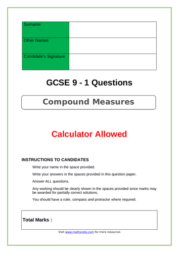 Compound Measures for GCSE 9-1 | Teaching Resources