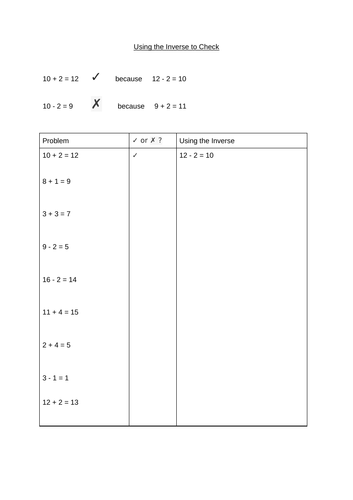 Year 2 Maths - Using the Inverse Worksheet | Teaching Resources