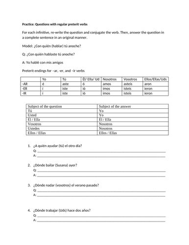 Regular preterit questions | Teaching Resources