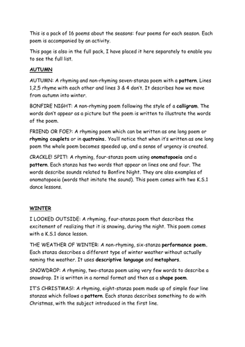THE SEASONS PACK - 16 POEMS, K.S.1 & L.K.S.2 | Teaching Resources