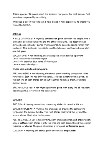 THE SEASONS PACK - 16 POEMS, K.S.1 & L.K.S.2 | Teaching Resources