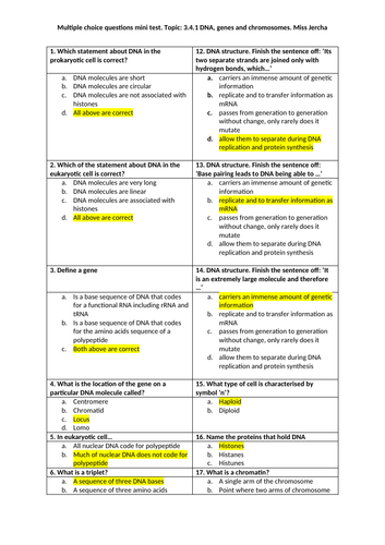 AQA A level Biology Section 4: Genetics MCQ | Teaching Resources
