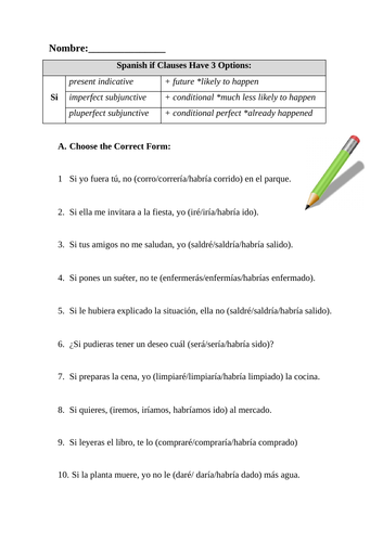 Spanish If Clauses: Si Cláusula 2 Worksheets: All 3 Types | Teaching ...