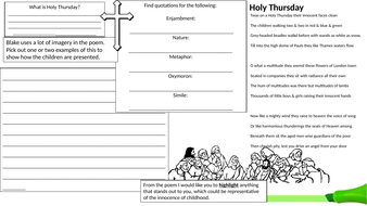 Holy Thursday Poetry Worksheet OCR/AQA/EDEXCEL | Teaching Resources