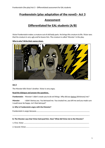 Frankenstein (the Play) -Assessment for EAL | Teaching Resources