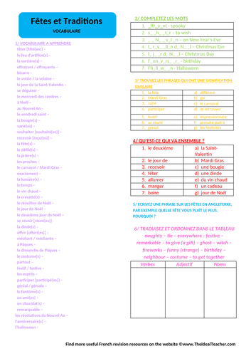 GCSE French 'Customs & Festivals' Vocab Worksheet | Teaching Resources