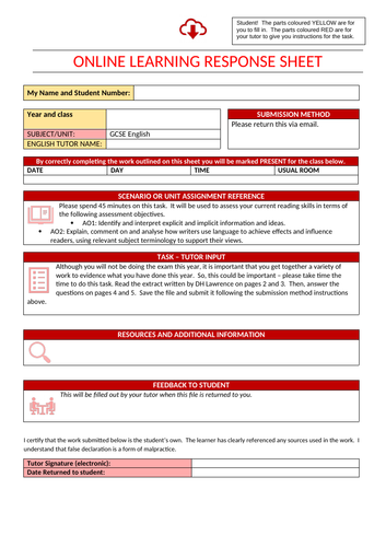 Online Distance / Home Learning - "Response Sheets" for GCSE English ...