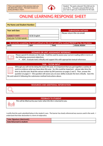Online Distance / Home Learning - "Response Sheets" for GCSE English ...