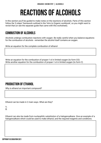 Alcohols A level chemistry workbook | Teaching Resources