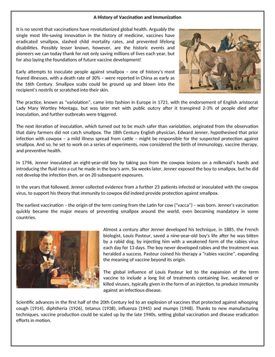A History of Vaccination and Immunization - Reading Comprehension ...