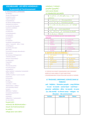 GCSE French 'Global Issues' Vocabulary Worksheet | Teaching Resources