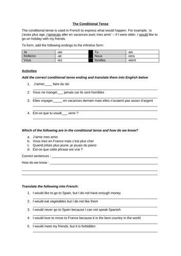 French Conditional Tense Worksheet | Teaching Resources