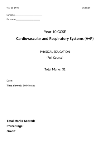 AQA GCSE Physical Education - Applied Anatomy and Physiology Unit of ...