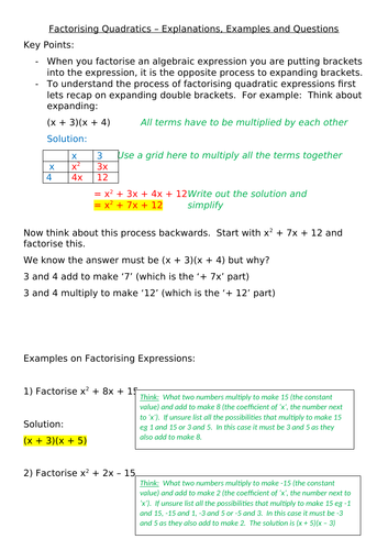Factorising Quadratics - Explanations, Examples And Questions 