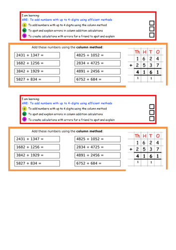 Column Addition [Year 4] | Teaching Resources