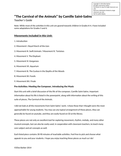 Music Unit: Carnival of the Animals Saint-Saens | Teaching Resources