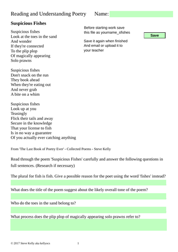 Digital Worksheet - Suspicious Fishes Poetry Analysis - Stages 4 -5 ...