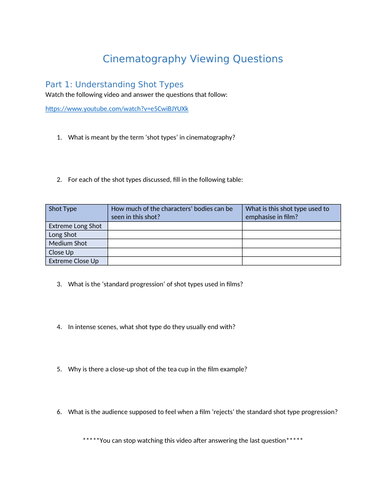 Cinematography Viewing Questions | Teaching Resources