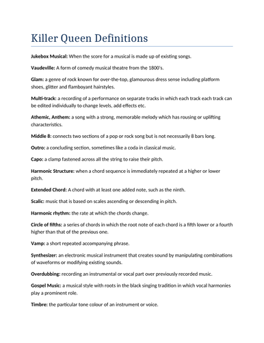 Edexcel GCSE Music: Killer Queen key words and definitions test ...