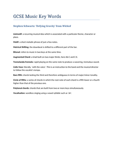 Edexcel GCSE Music: Defying Gravity key words and definitions test ...