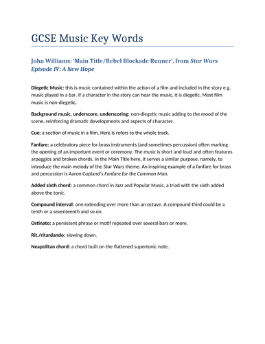 Edexcel GCSE Music: Star Wars key words and definitions test | Teaching ...