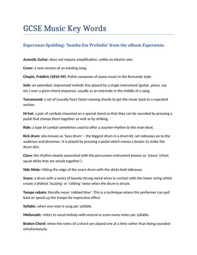 Edexcel GCSE Music: Samba Em Preludio key words and definitions test ...