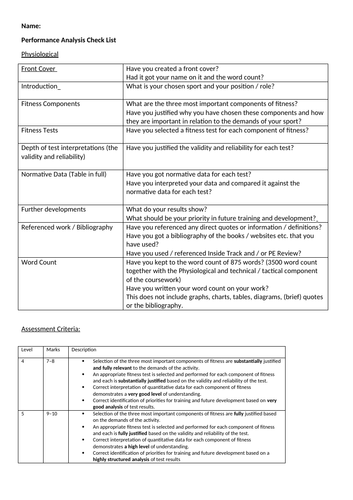 A Level PE Edexcel Coursework Checklist / Information | Teaching Resources