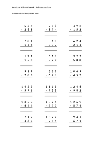 3-digit subtractions | Teaching Resources