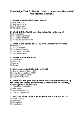 History knowledge tests for Germany in Transition. EDUQAS - 7 units ...