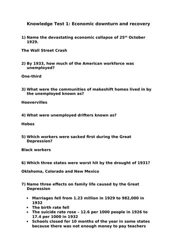 History knowledge tests for The development of the USA 1929-2000 ...