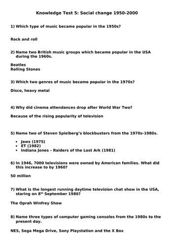 History knowledge tests for The development of the USA 1929-2000 ...